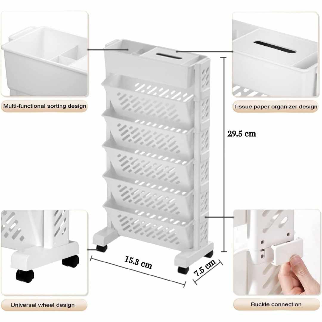 Multifunctional Storage for Books, White Rotating Shelf with 6 Levels, Plastic Bookcase on Wheels!