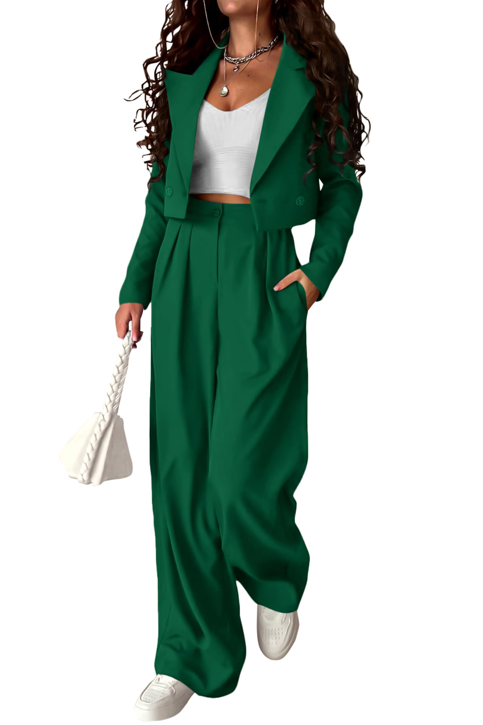 PRETTYGARDEN Women's 2 Piece Casual Outfits Cropped Blazer Jackets High Waisted Wide Leg Work Pants Suit Set (Green,X-Large)