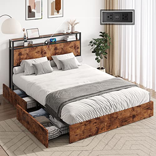 AMERLIFE Queen Size Storage Bed Frame, Wooden Platform Bed with Charging Station, 4 Drawers & Headboard/ No Box Spring Needed/ Noise-Free/ Dark Brown