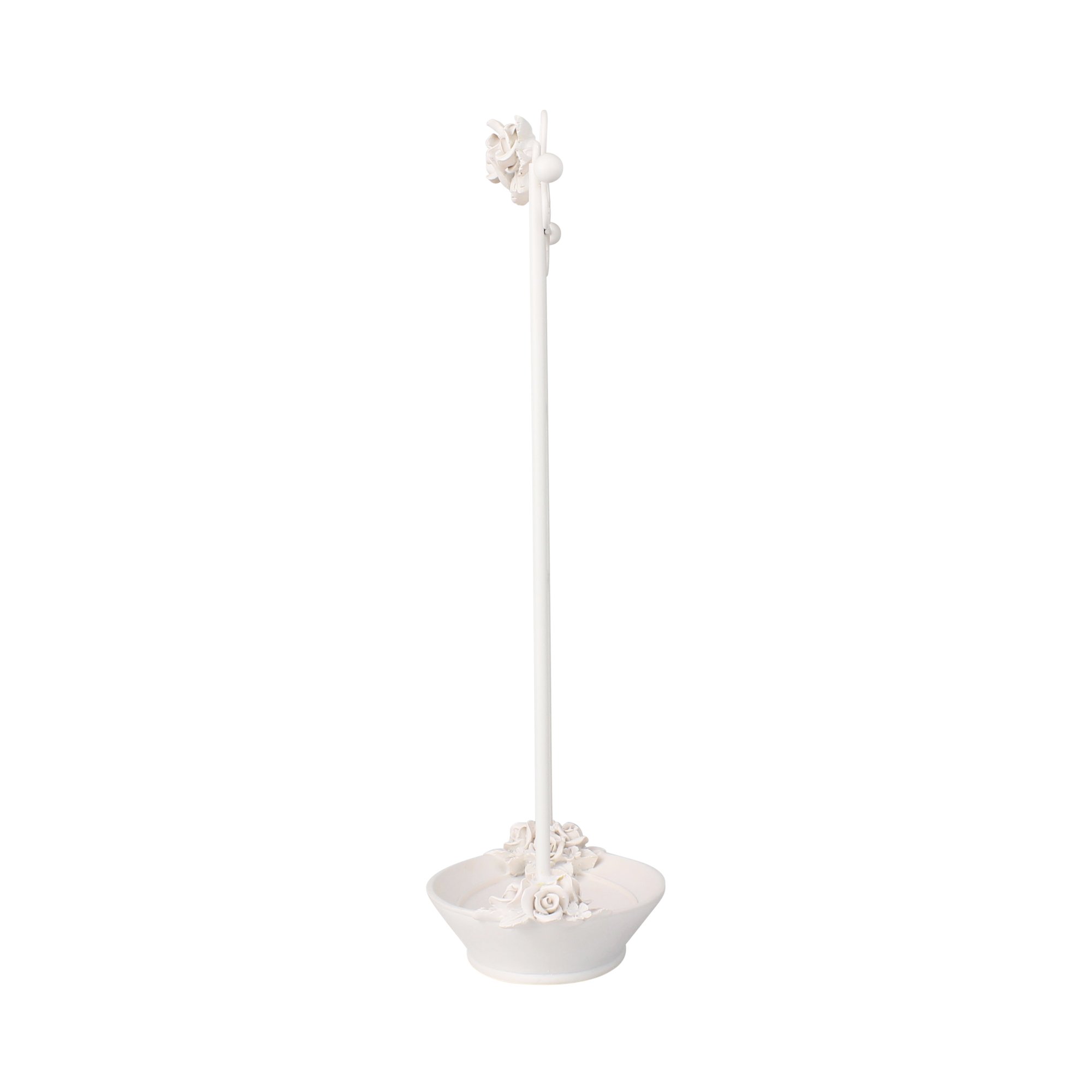 Shabby Chic Earring Holder Organizer Rack - Display Girls Hanging Jewelry on Metal Stand with Vanity Ring Dish Tray, Ivory Rose