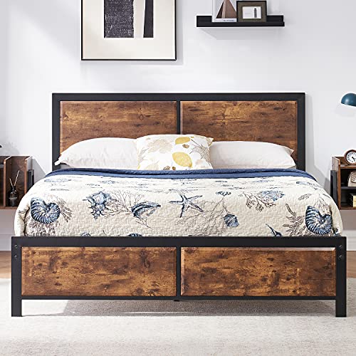 VECELO Queen Platform Bed Frame/Mattress Foundation with Rustic Vintage Wood Headboard, Strong Metal Slats Support, No Box Spring Needed