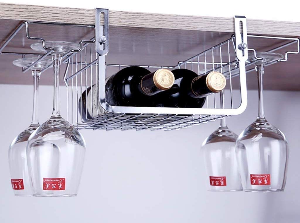 ZUQIEE Household Items Wine Glass Holder Under Shelf Wine Rack Shelf Inserts for Cupboard Stainless Steel Goblet Rack Red Wine Cup Holder Kitchen Cabinet Hanging Wine Rack