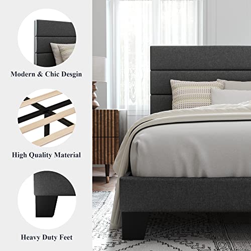 Allewie King Size Platform Bed Frame with Fabric Upholstered Headboard and Wooden Slats Support, Fully Upholstered Mattress Foundation/No Box Spring Needed/Easy Assembly, Dark Grey