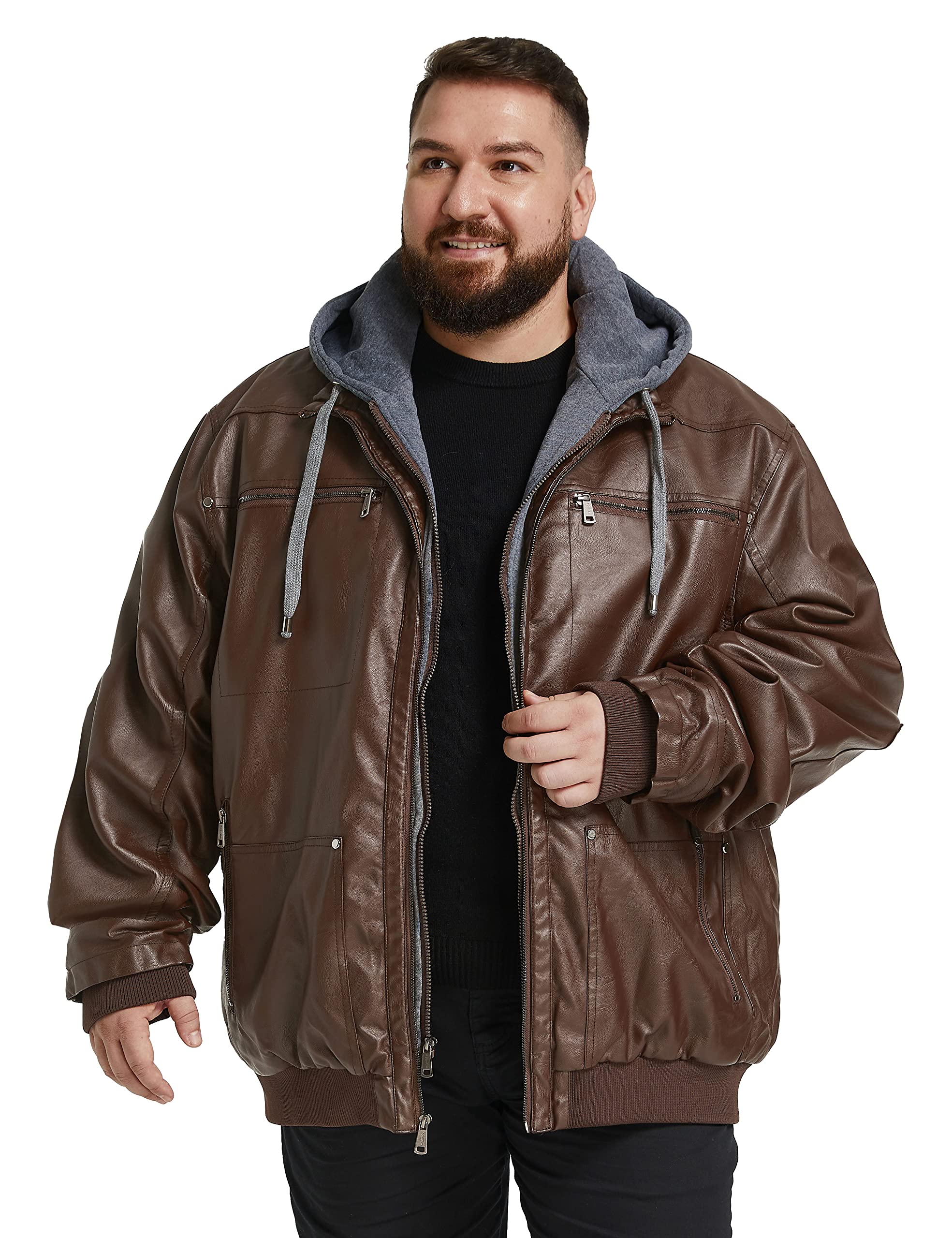 wantdo Men's Big and Tall Faux Leather Jacket Winter Coat Motorcycle Jacket With Removable Hood Coffee X-Large Tall