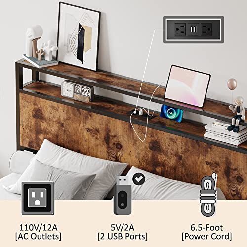 AMERLIFE Queen Size Storage Bed Frame, Wooden Platform Bed with Charging Station, 4 Drawers & Headboard/ No Box Spring Needed/ Noise-Free/ Dark Brown