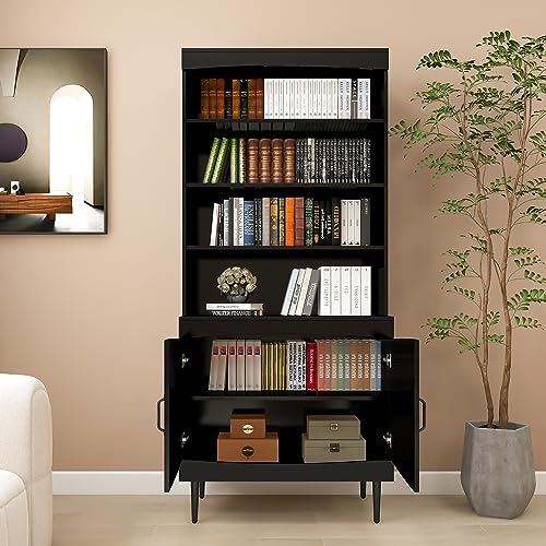 6-Tier Bookshelf, Storage Management Cabinet with 4 Spacious Shelves and 2 Storage Cabinets, Floor Standing Bookshelf for Home Offices, Kitchens and Living Room (Black)