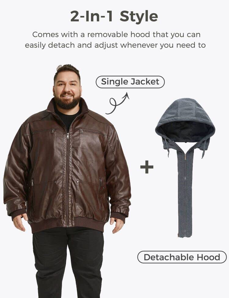 wantdo Men's Big and Tall Faux Leather Jacket Winter Coat Motorcycle Jacket With Removable Hood Coffee X-Large Tall