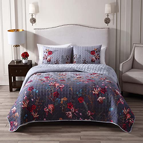 Bebejan Nicole 3 Piece Reversible Gray Ombre Quilt Set, 100% Cotton, 230 Thread Count, Red, Blue Floral Bedspread Print Pattern, Lightweight, Soft, Luxury, 1 Quilt, 2 Shams (Queen)