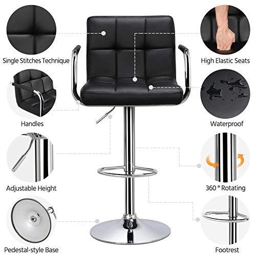 Yaheetech Bar Stools Adjustable Counter Stools Bar Chairs Synthetic Leather Modern Design Swivel Barstools Gas Lift Stools for Kitchen Counter 360 Degree Swivel Seat Top, Set of 2 Black