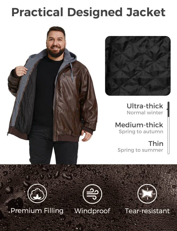 wantdo Men's Big and Tall Faux Leather Jacket Winter Coat Motorcycle Jacket With Removable Hood Coffee X-Large Tall