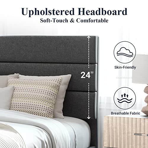 Allewie King Size Platform Bed Frame with Fabric Upholstered Headboard and Wooden Slats Support, Fully Upholstered Mattress Foundation/No Box Spring Needed/Easy Assembly, Dark Grey