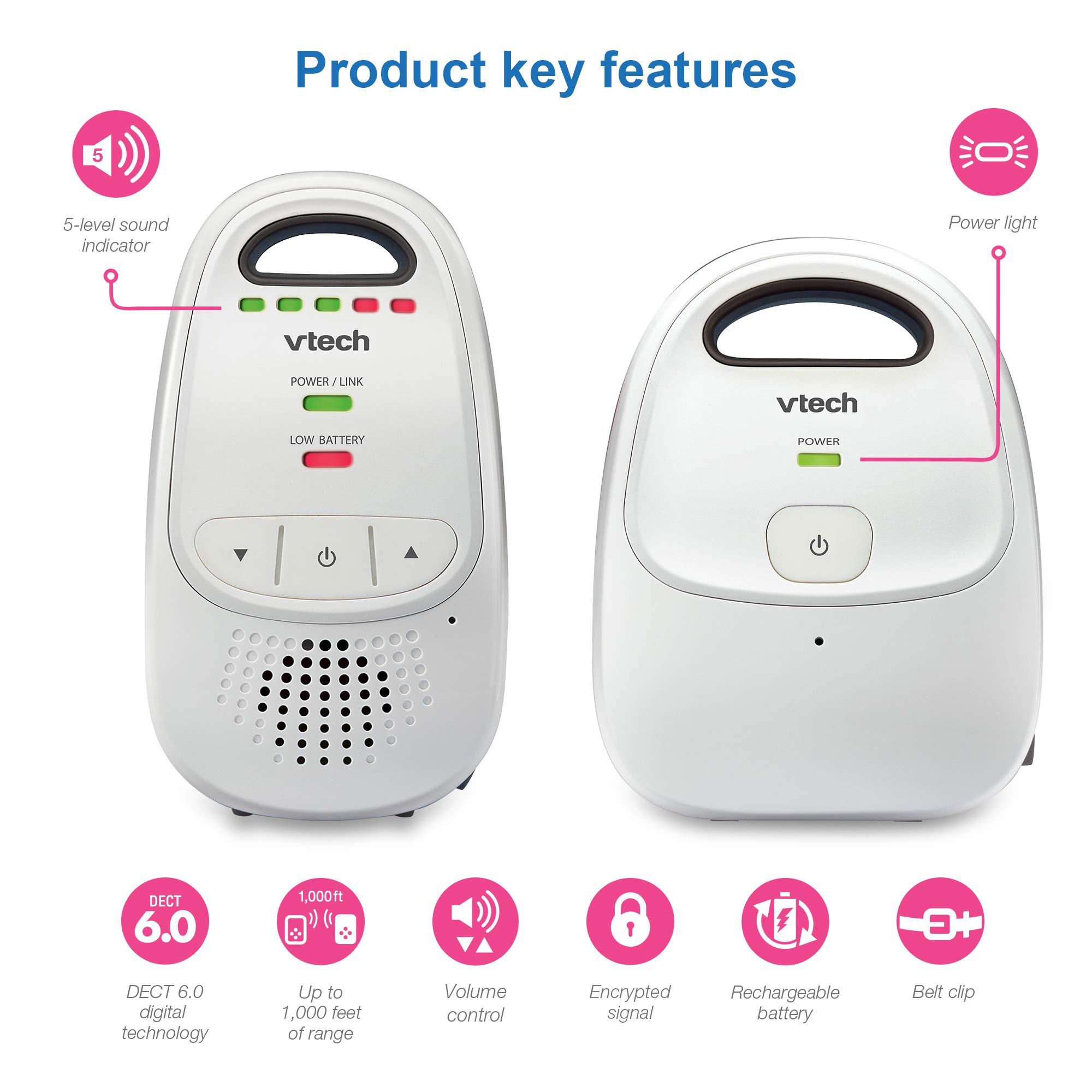 VTech DM112-2 Upgraded Audio Baby Monitor. 2 Parent Units with Rechargeable Battery, Best-in-Class Long Range, Digital Wireless Transmission, Crystal-Clear Sound, Plug & Play, Sound Indicator & Alerts