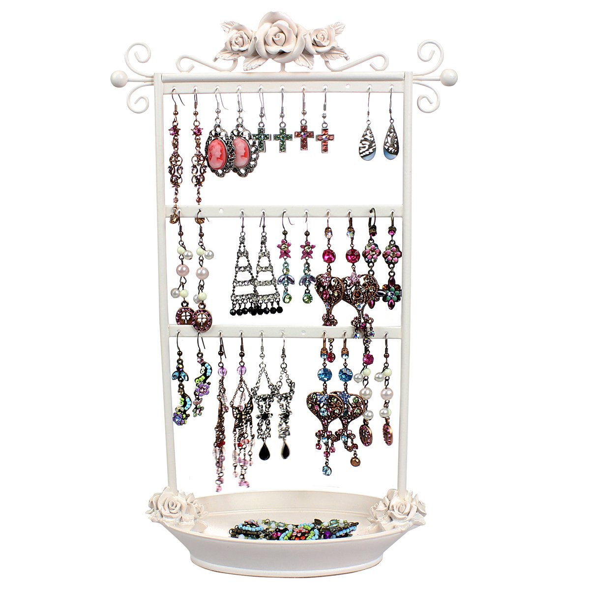 Shabby Chic Earring Holder Organizer Rack - Display Girls Hanging Jewelry on Metal Stand with Vanity Ring Dish Tray, Ivory Rose