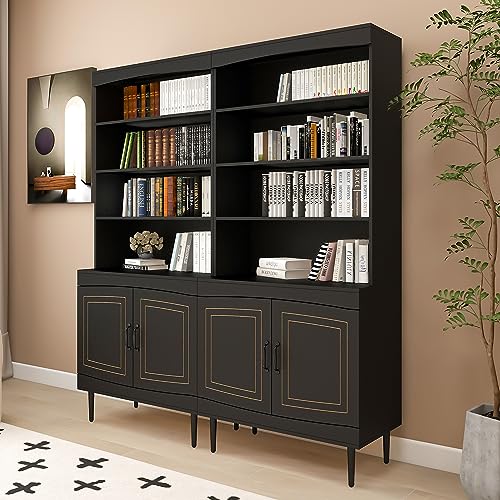 6-Tier Bookshelf, Storage Management Cabinet with 4 Spacious Shelves and 2 Storage Cabinets, Floor Standing Bookshelf for Home Offices, Kitchens and Living Room (Black)