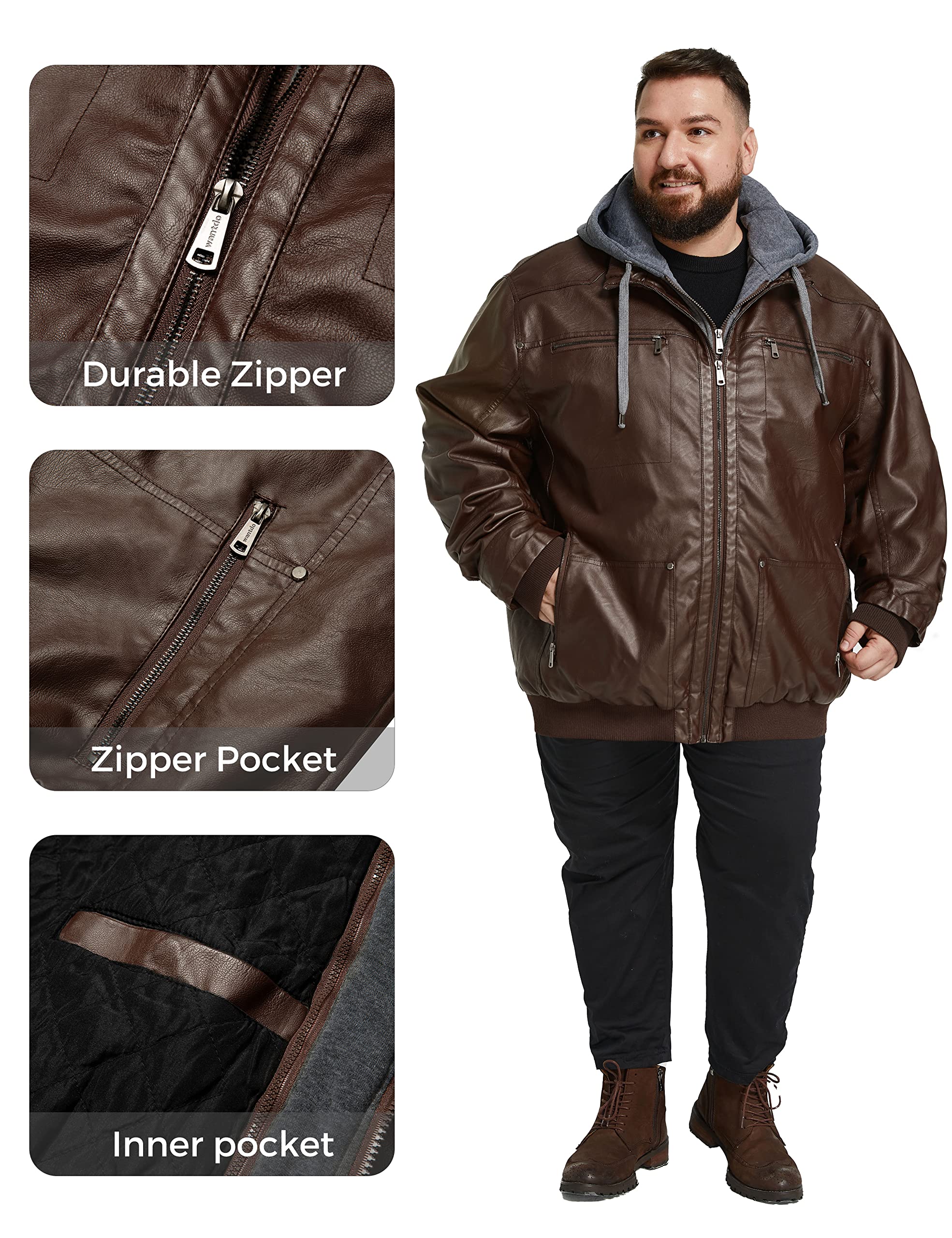 wantdo Men's Big and Tall Faux Leather Jacket Winter Coat Motorcycle Jacket With Removable Hood Coffee X-Large Tall