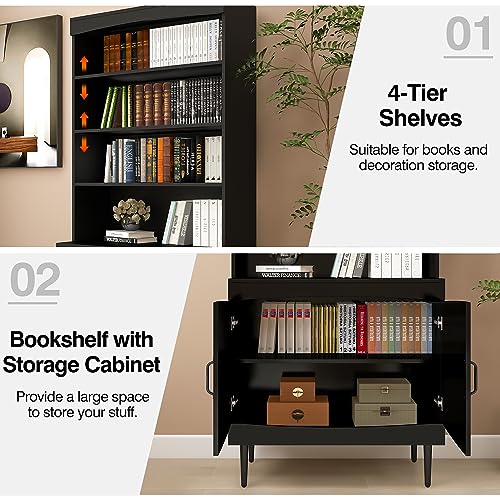 6-Tier Bookshelf, Storage Management Cabinet with 4 Spacious Shelves and 2 Storage Cabinets, Floor Standing Bookshelf for Home Offices, Kitchens and Living Room (Black)