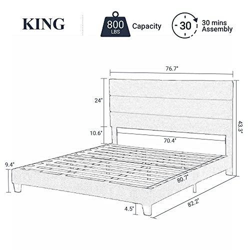 Allewie King Size Platform Bed Frame with Fabric Upholstered Headboard and Wooden Slats Support, Fully Upholstered Mattress Foundation/No Box Spring Needed/Easy Assembly, Dark Grey