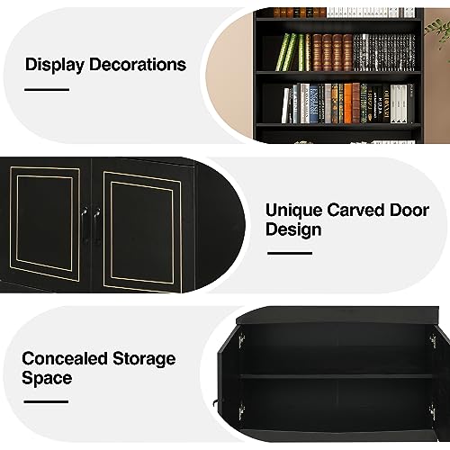 6-Tier Bookshelf, Storage Management Cabinet with 4 Spacious Shelves and 2 Storage Cabinets, Floor Standing Bookshelf for Home Offices, Kitchens and Living Room (Black)