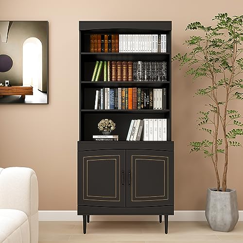 6-Tier Bookshelf, Storage Management Cabinet with 4 Spacious Shelves and 2 Storage Cabinets, Floor Standing Bookshelf for Home Offices, Kitchens and Living Room (Black)