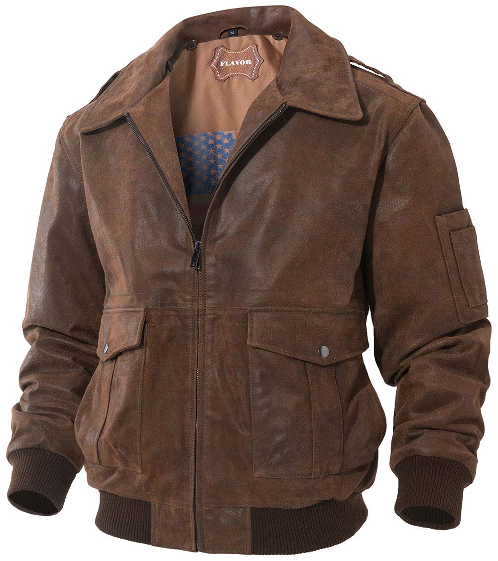 FLAVOR Men's Leather Flight Bomber Jacket Air Force Aviator. (XX-Large, Brown)