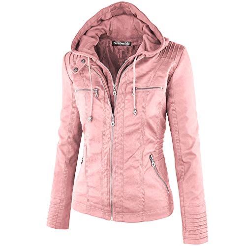 Newbestyle Faux Leather Jacket for Women Casual Moto Biker Jacket Quilted Full-Zip Coat Pink M