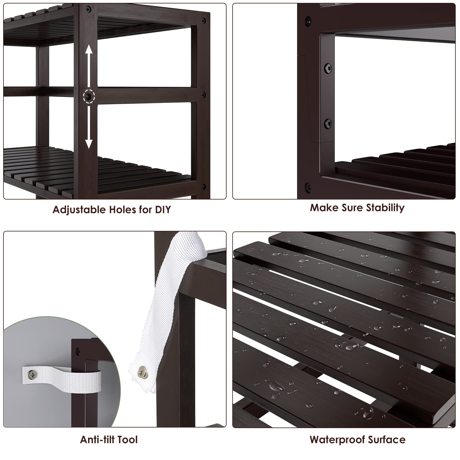 Bamjoy Bamboo Shelf, 6 Tier Bookcase Storage Shelves, Tall Book Rack Shelving Unit, Multipurpose Storage Display Shelf Adjustable Storage Rack for Bathroom Home Office Living Room Kitchen, Dark Brown