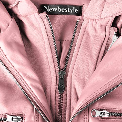 Newbestyle Faux Leather Jacket for Women Casual Moto Biker Jacket Quilted Full-Zip Coat Pink M
