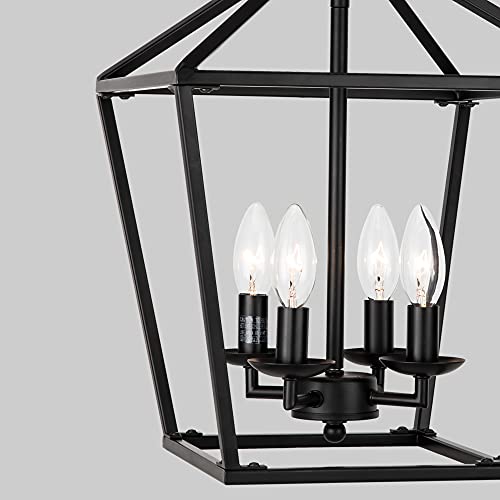 Untrammelife 4-Light Black Lantern Pendant Light, Adjustable Height Square Cage Pendant Hanging Lighting Fixture 11ββ Rustic Lantern Chandelier for Dining Room Kitchen Island Foyer