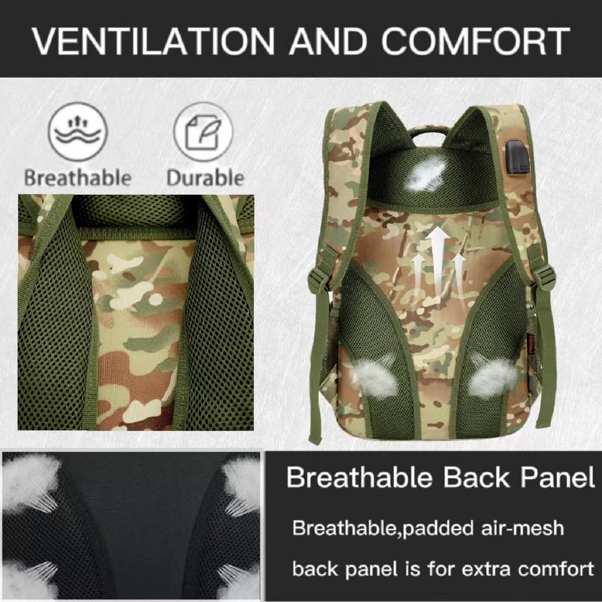 outdoor plus Camo Backpack,Military Boys Backpacks for School,40LArmy Bookbag with USB Charging Port Waterproof