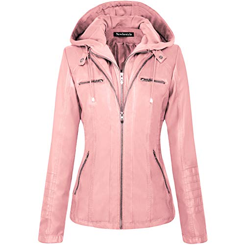 Newbestyle Faux Leather Jacket for Women Casual Moto Biker Jacket Quilted Full-Zip Coat Pink M
