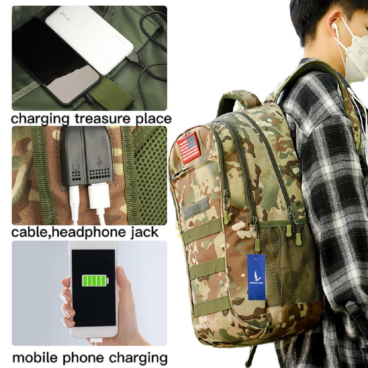 outdoor plus Camo Backpack,Military Boys Backpacks for School,40LArmy Bookbag with USB Charging Port Waterproof