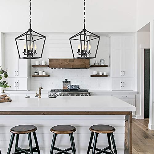 Untrammelife 4-Light Black Lantern Pendant Light, Adjustable Height Square Cage Pendant Hanging Lighting Fixture 11ββ Rustic Lantern Chandelier for Dining Room Kitchen Island Foyer