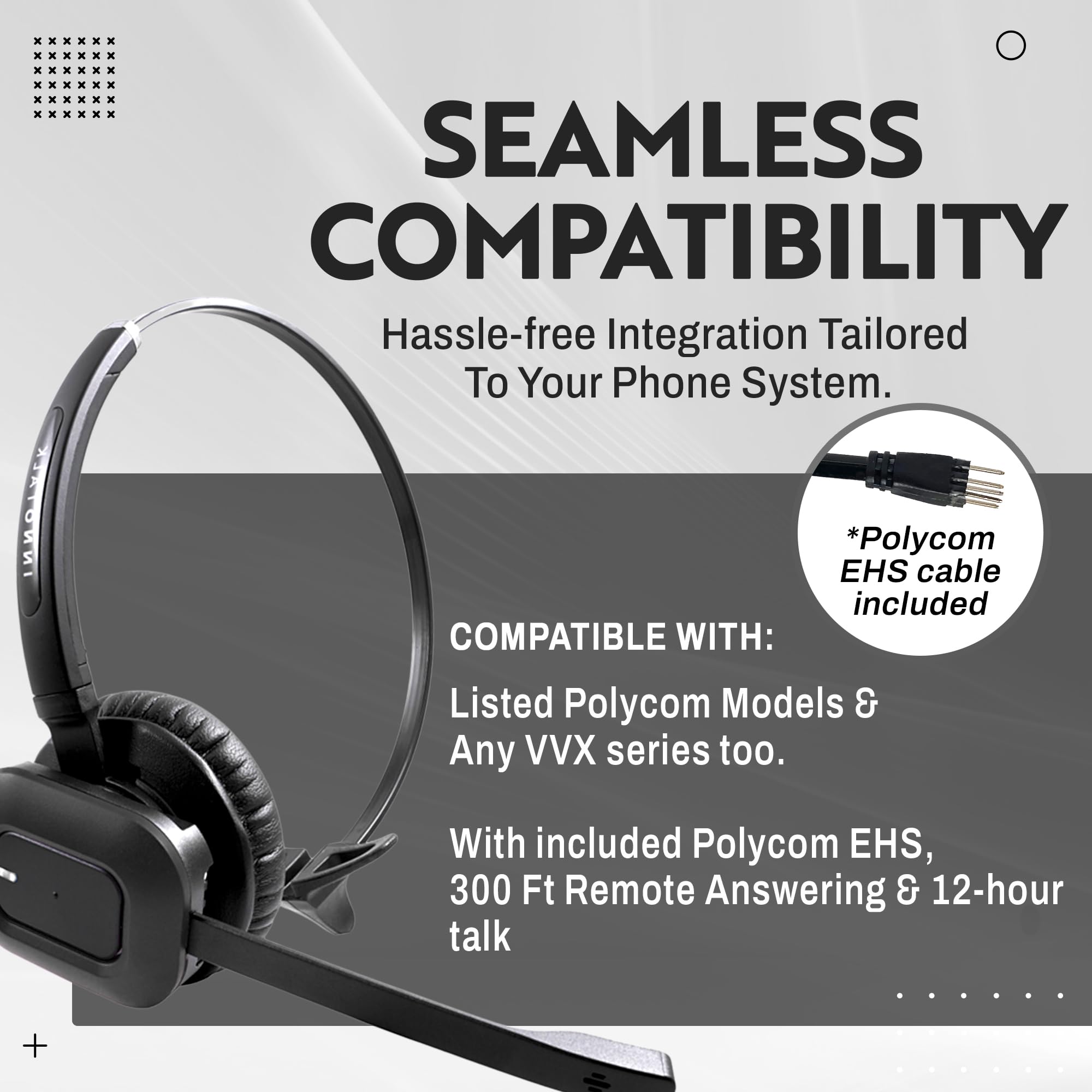INNOTALK Wireless Headset Compatible with Polycom VVX 101, VVX 201, VVX 301, VVX 311, VVX 401, VVX 411, VVX 501, VVX 601 Phone with Remote Answering Cord(Explorer)
