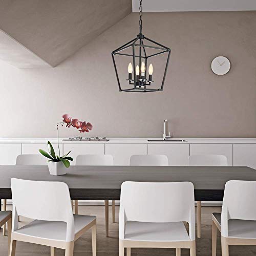 Untrammelife 4-Light Black Lantern Pendant Light, Adjustable Height Square Cage Pendant Hanging Lighting Fixture 11ββ Rustic Lantern Chandelier for Dining Room Kitchen Island Foyer