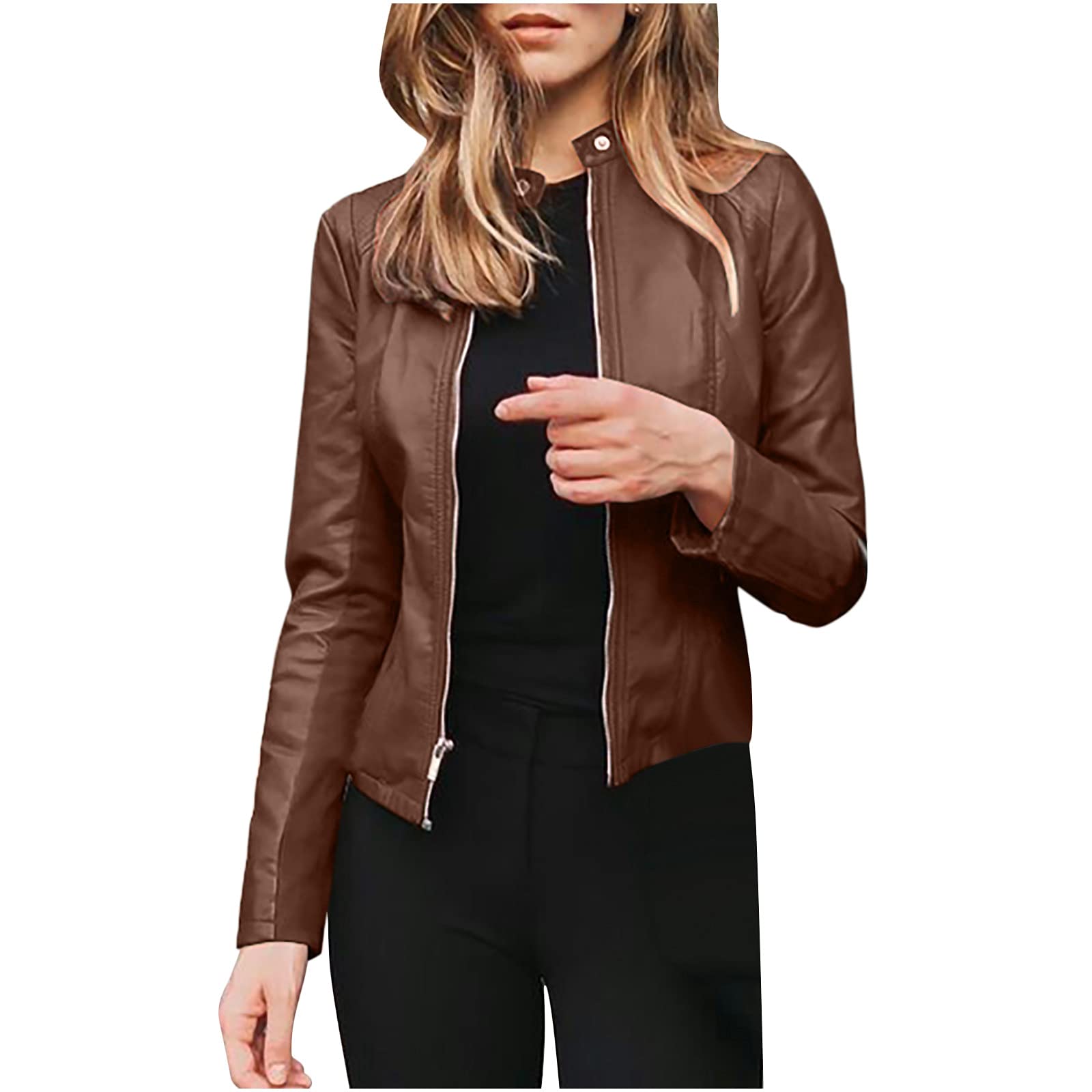 LMSXCT Women's Faux Leather Jackets Zip Up Short Motorcycle Outwear Slim Fitted PU Leather Coat Leather Moto Biker Jacket