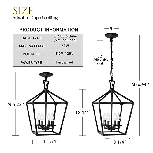 Untrammelife 4-Light Black Lantern Pendant Light, Adjustable Height Square Cage Pendant Hanging Lighting Fixture 11ββ Rustic Lantern Chandelier for Dining Room Kitchen Island Foyer