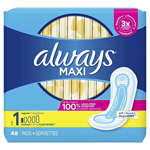 Always Maxi Feminine Pads For Women, Size 1 Regular Absorbency, Without Wings, Unscented, 48 Count