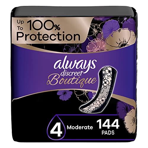 Always Discreet Boutique, Incontinence & Postpartum Pads For Women, Size 4, Moderate Absorbency, Regular Length, 48 Count x 3 Packs (144 Count total)