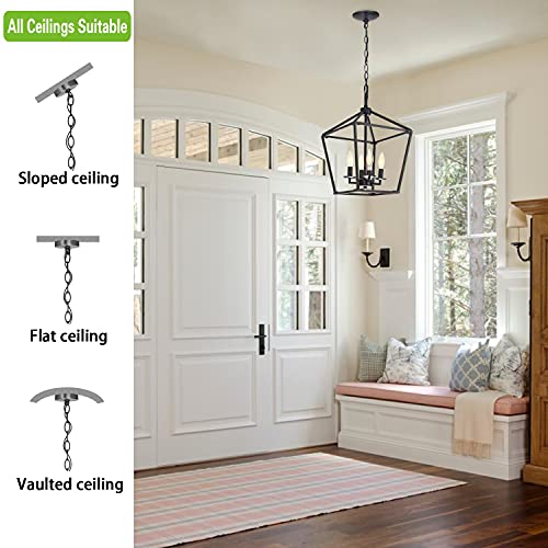 Untrammelife 4-Light Black Lantern Pendant Light, Adjustable Height Square Cage Pendant Hanging Lighting Fixture 11ββ Rustic Lantern Chandelier for Dining Room Kitchen Island Foyer