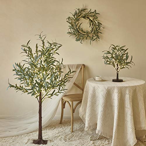 Hairui Lighted Artificial Olive Garland 6FT 96 LED Fairy Lights Battery Operated, Faux Vine Lights with Timer for Spring Christmas Holiday Fireplace Décor