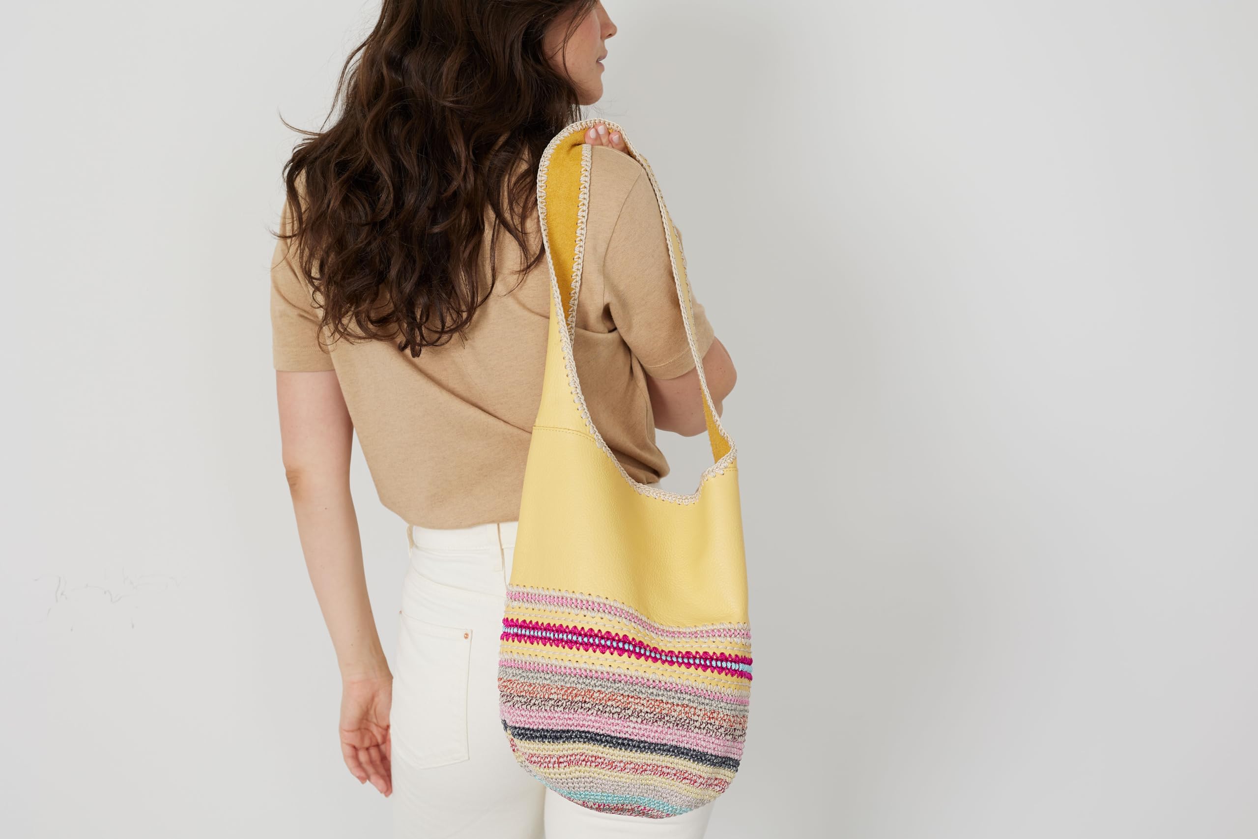 The Sak 120 Hobo Bag in Crochet - Large Women's Purse & Shoulder Bag for Everyday Travel - Durable Handbag With Back Zipper Pocket and Magnetic Snap Closure - Leather/Moss Suede