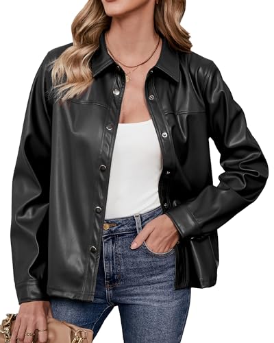 luvamia Faux Leather Jackets for Women Long Sleeves Vegan Leather Shackets Jacket Side Pockets Trendy Moto Biker Coat Womens Fall Jackets for Women 2023 Black Jacket Women Dressy Black Size Large