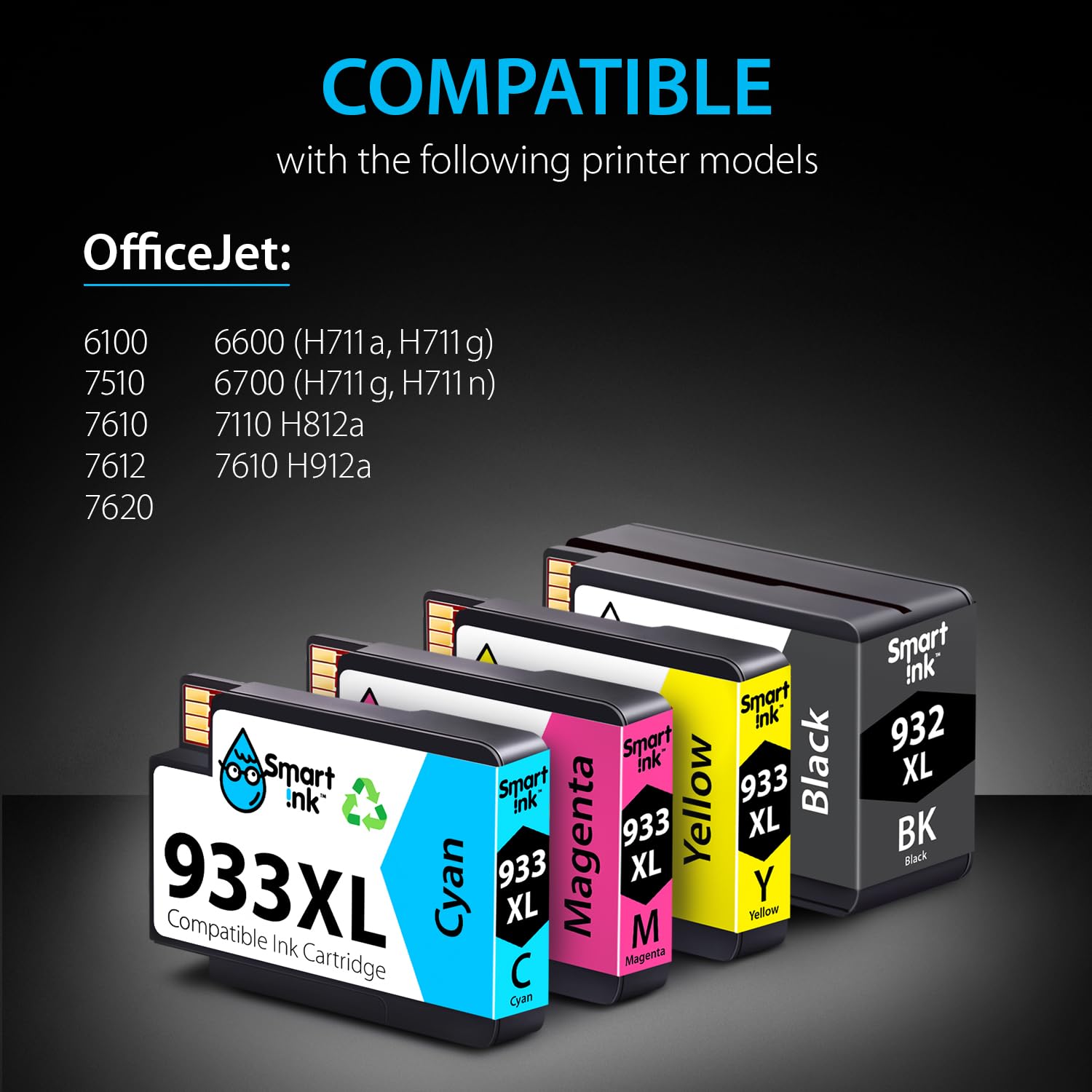 Smart Ink Compatible Ink Cartridge Replacement for HP 932XL 933XL 932 XL 933 XL 4 Combo Pack (XL Black, Cyan, Magenta Yellow) to use with HP Officejet 6100 6600 6700 7110 7510 7610 7612 7620 Printers