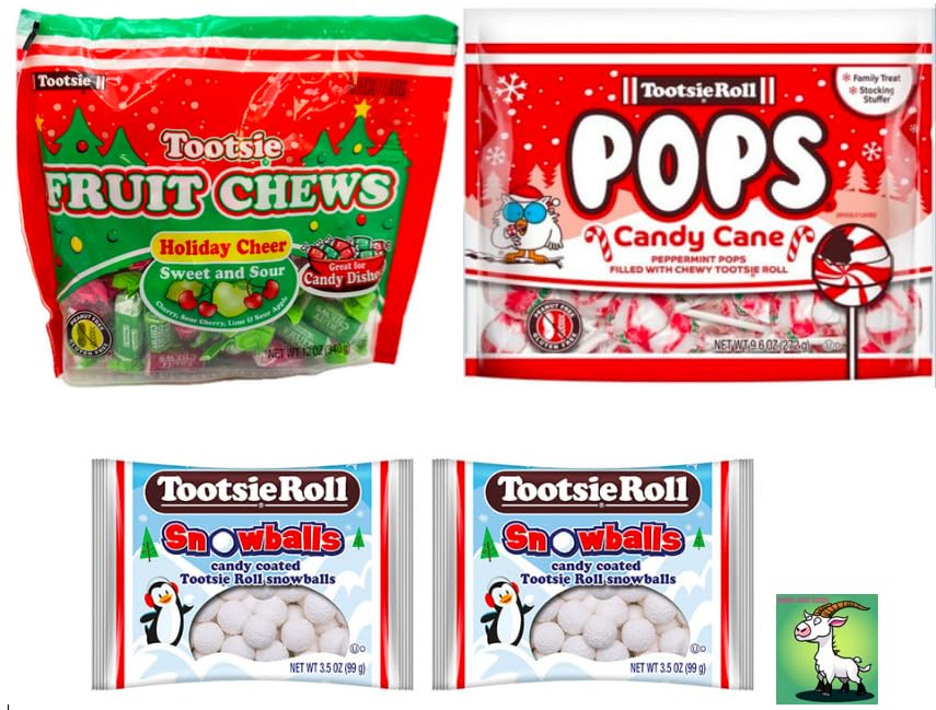 Christmas Roll Holiday 4 Pack - Candy Cane Pops 9.6 oz, Fruit Chews Holiday Cheer "Sweet and Sour" 12 oz, and Snowballs 3.5 (2). Bonus Angry Goat Goods fridge decoration included.