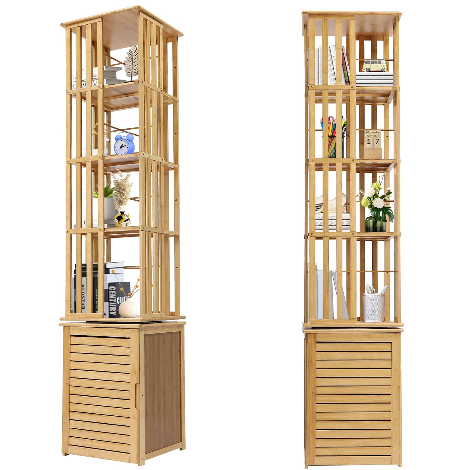 Rotating Bookshelf, 6 Tier 360° Floor Standing Revolving Bookcase Storage Rack, Bookcase Corner Tall Book Shelf, Narrow Bookshelf, with Door,Book Shelf Organizer for Bedroom,Living Room,Small Space