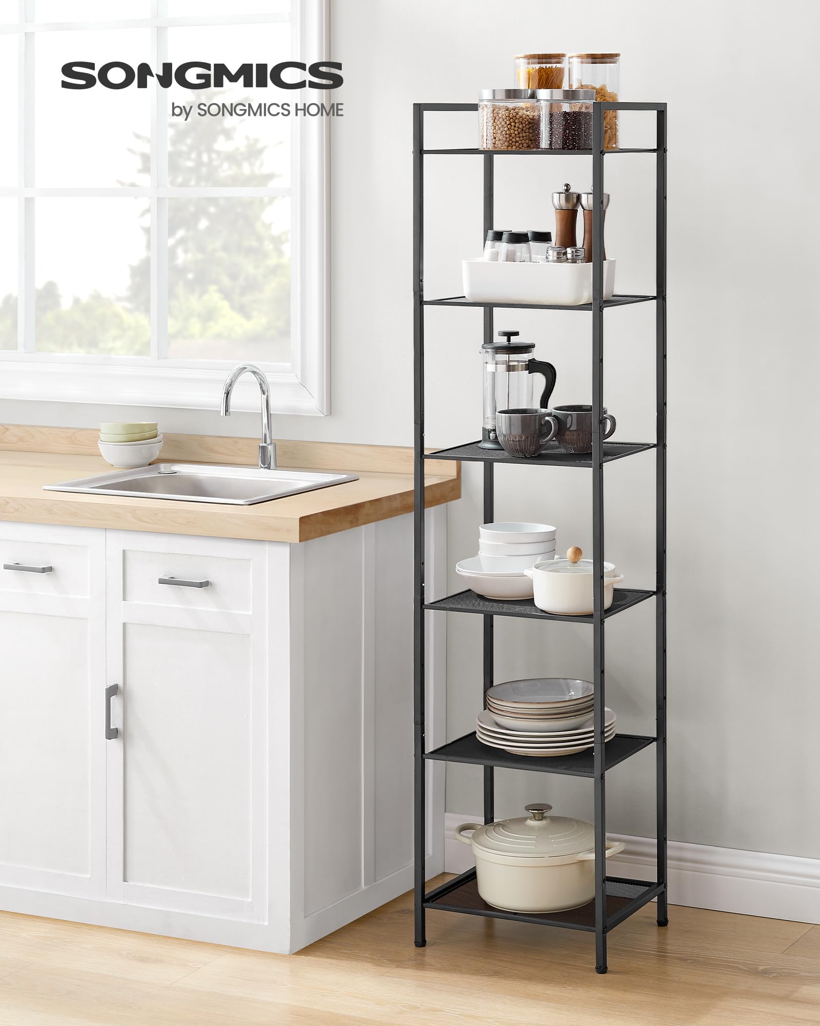 SONGMICS 6-Tier Storage Rack, Bathroom Shelf, Extendable Plant Stand with Adjustable Shelf, for Bathroom, Living Room, Balcony, Kitchen, Classic Black UBSC036B01