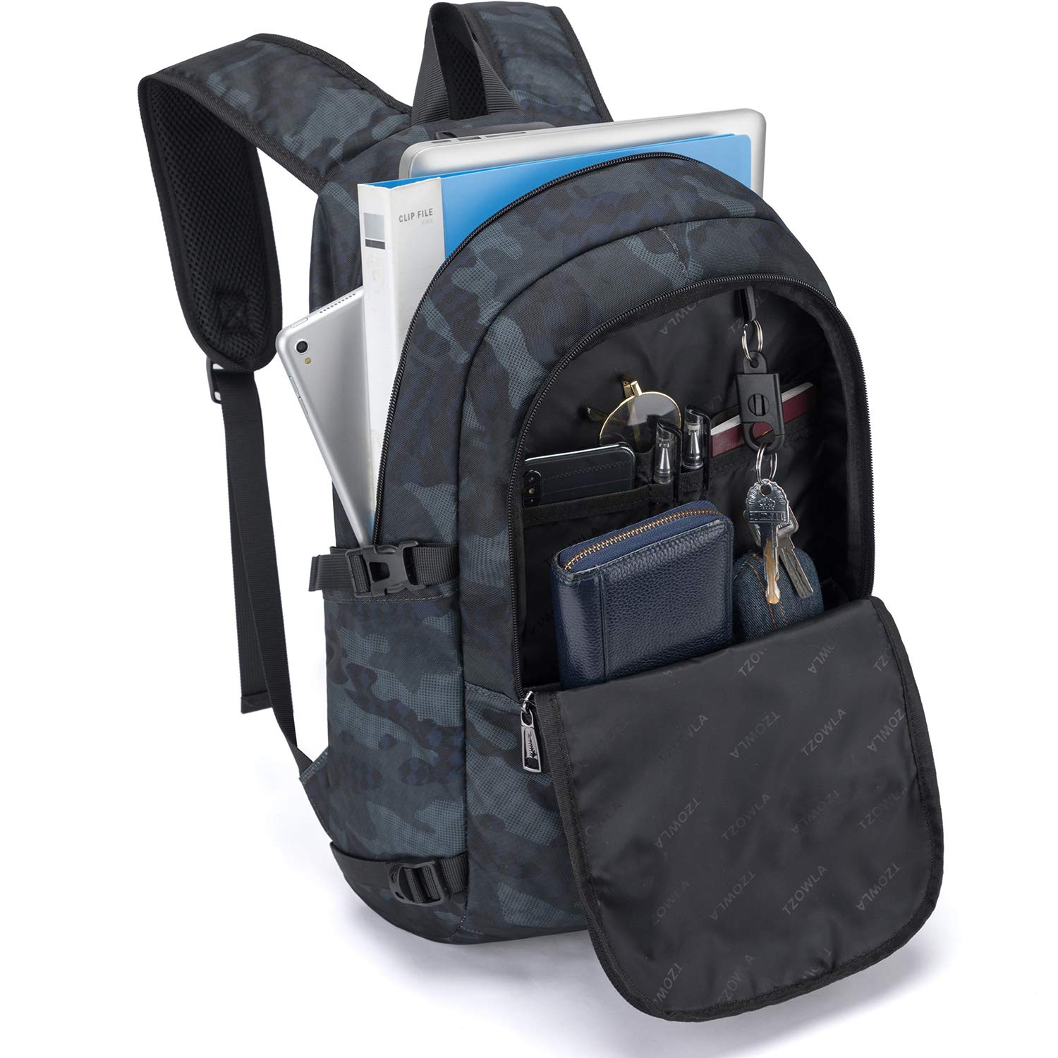 Tzowla Anti-Theft Business Laptop Backpack, Water Resistant, 15.6 Inch, Navy Blue Camo, Unisex