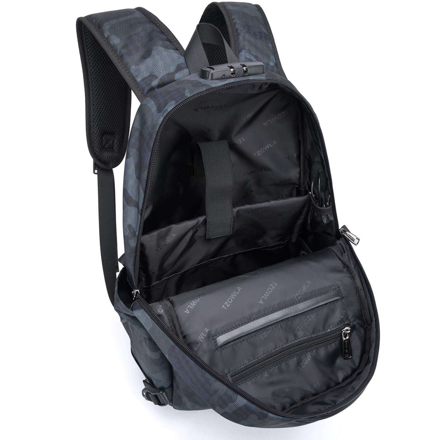 Tzowla Anti-Theft Business Laptop Backpack, Water Resistant, 15.6 Inch, Navy Blue Camo, Unisex
