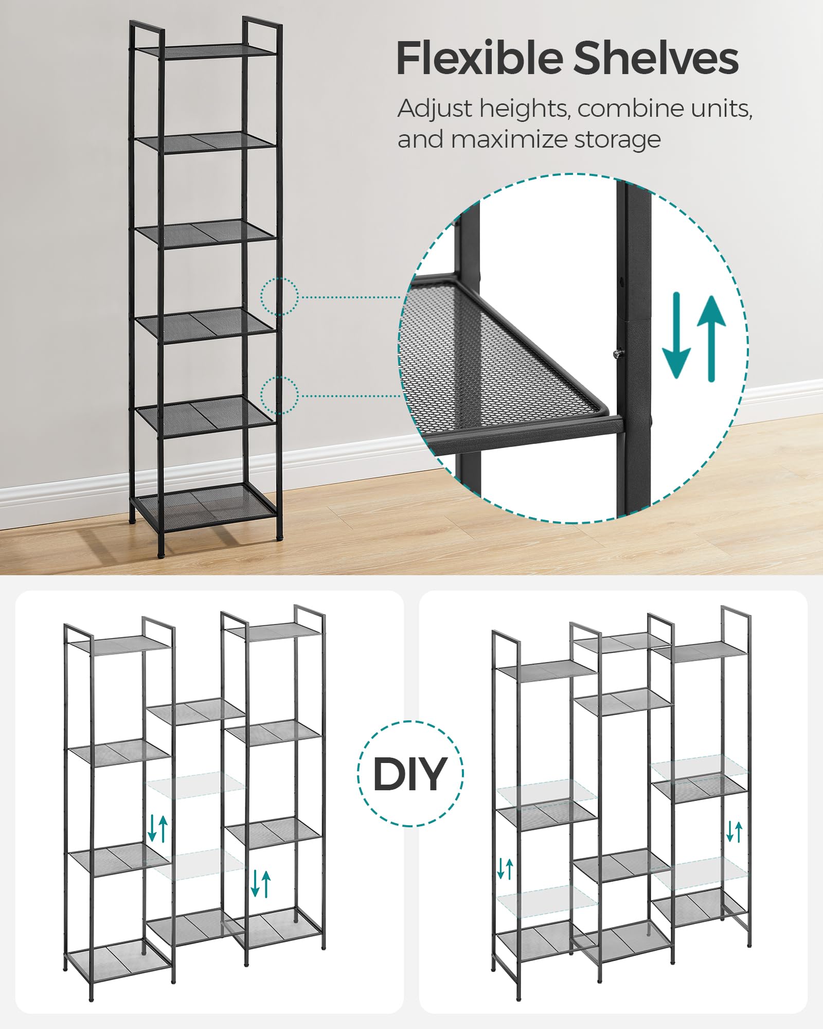 SONGMICS 6-Tier Storage Rack, Bathroom Shelf, Extendable Plant Stand with Adjustable Shelf, for Bathroom, Living Room, Balcony, Kitchen, Classic Black UBSC036B01