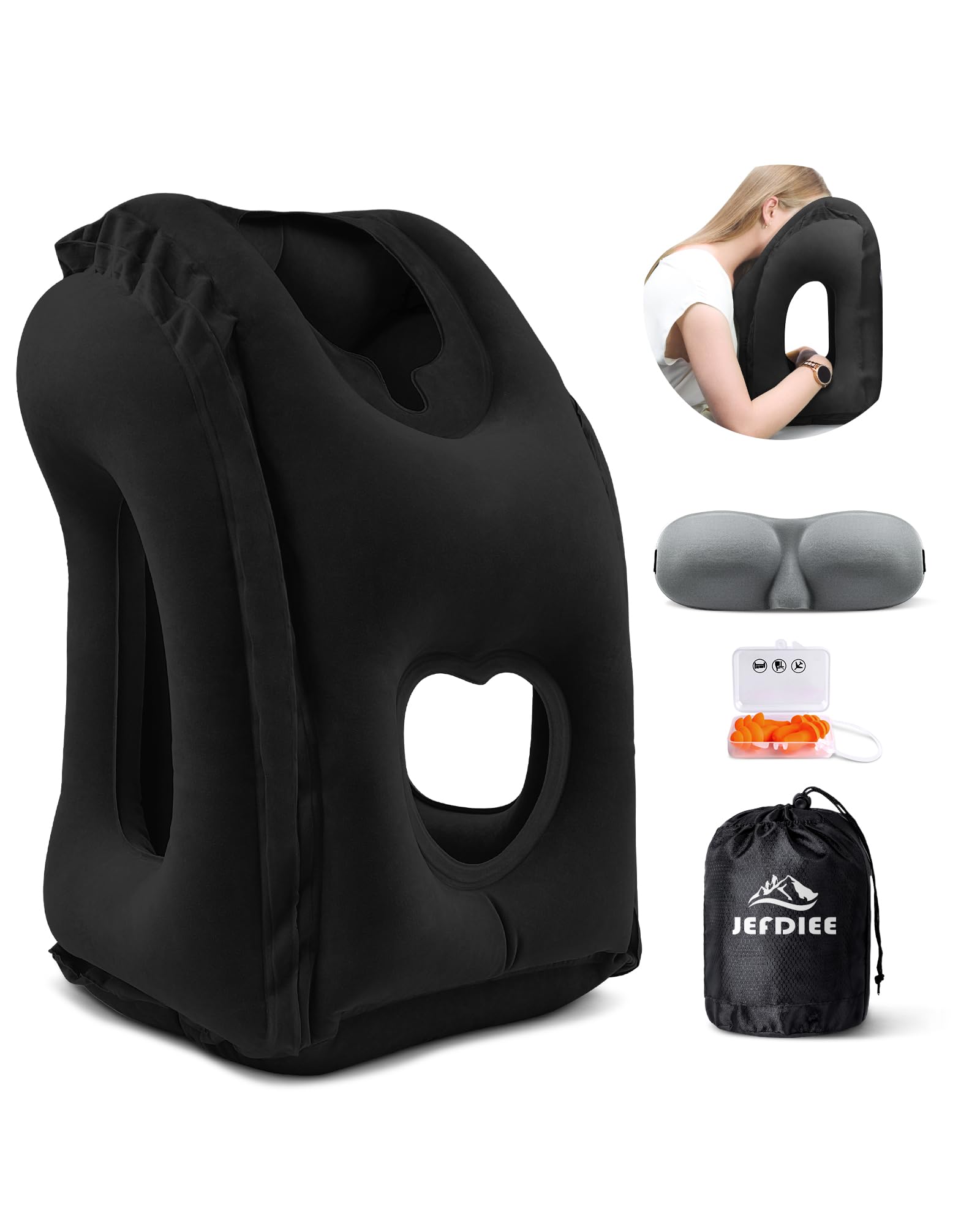 JefDiee Inflatable Travel Pillow, Airplane Neck Pillow Comfortably Supports Head and Chin for Airplanes, Trains, Cars and Office Napping with 3D Eye Mask, Earplugs and Portable Drawstring Bag (Black)